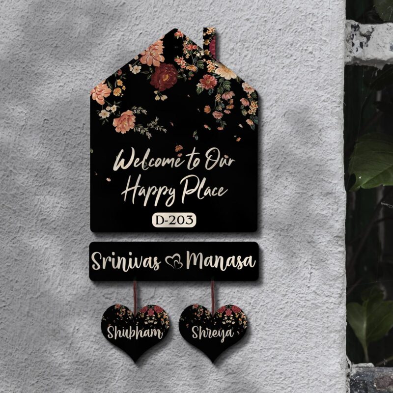 Personalized | Dark Floral Theme Hut Style Wooden Nameplate with Two ...